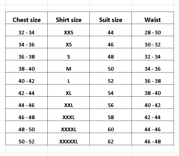 Men’s Size Chart – The No.1 Suit Rental Company